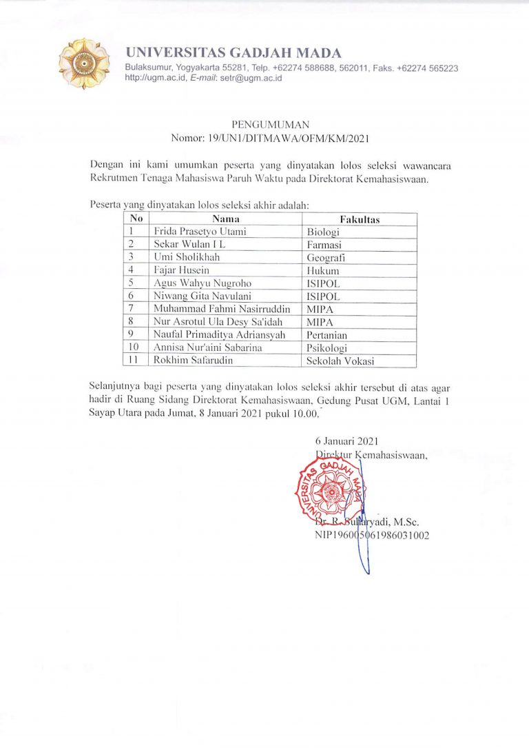 Pengumuman Lolos Seleksi Wawancara Rekrutmen Mahasiswa Tenaga Paruh ... Pengumuman Lolos Seleksi Wawancara Rekrutmen Mahasiswa Tenaga Paruh ...
